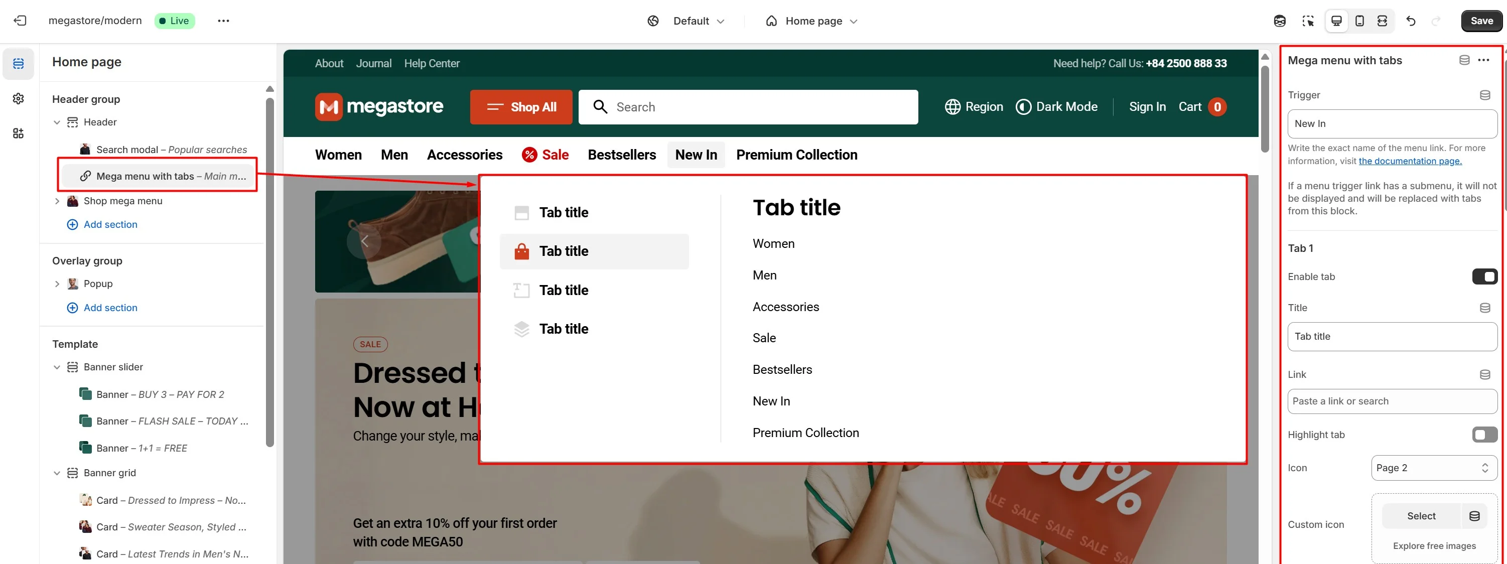 Mega menu allows you to display up to 8 tabs, each with its own icon ...
